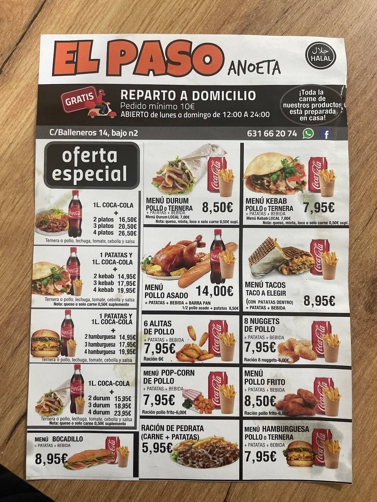 Menu at EL PASO restaurant, San Sebastián