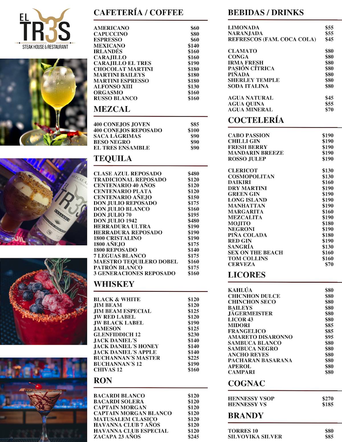 Menu at EL TRES Steak House & Restaurant, Cabo San Lucas
