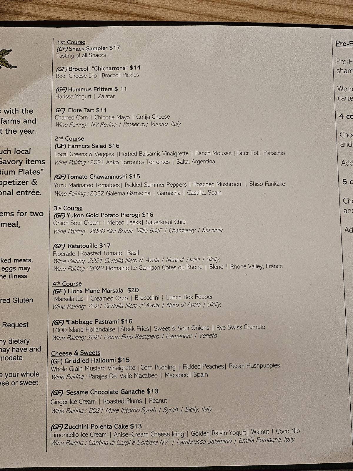 Menu at EYV Restaurant, Pittsburgh