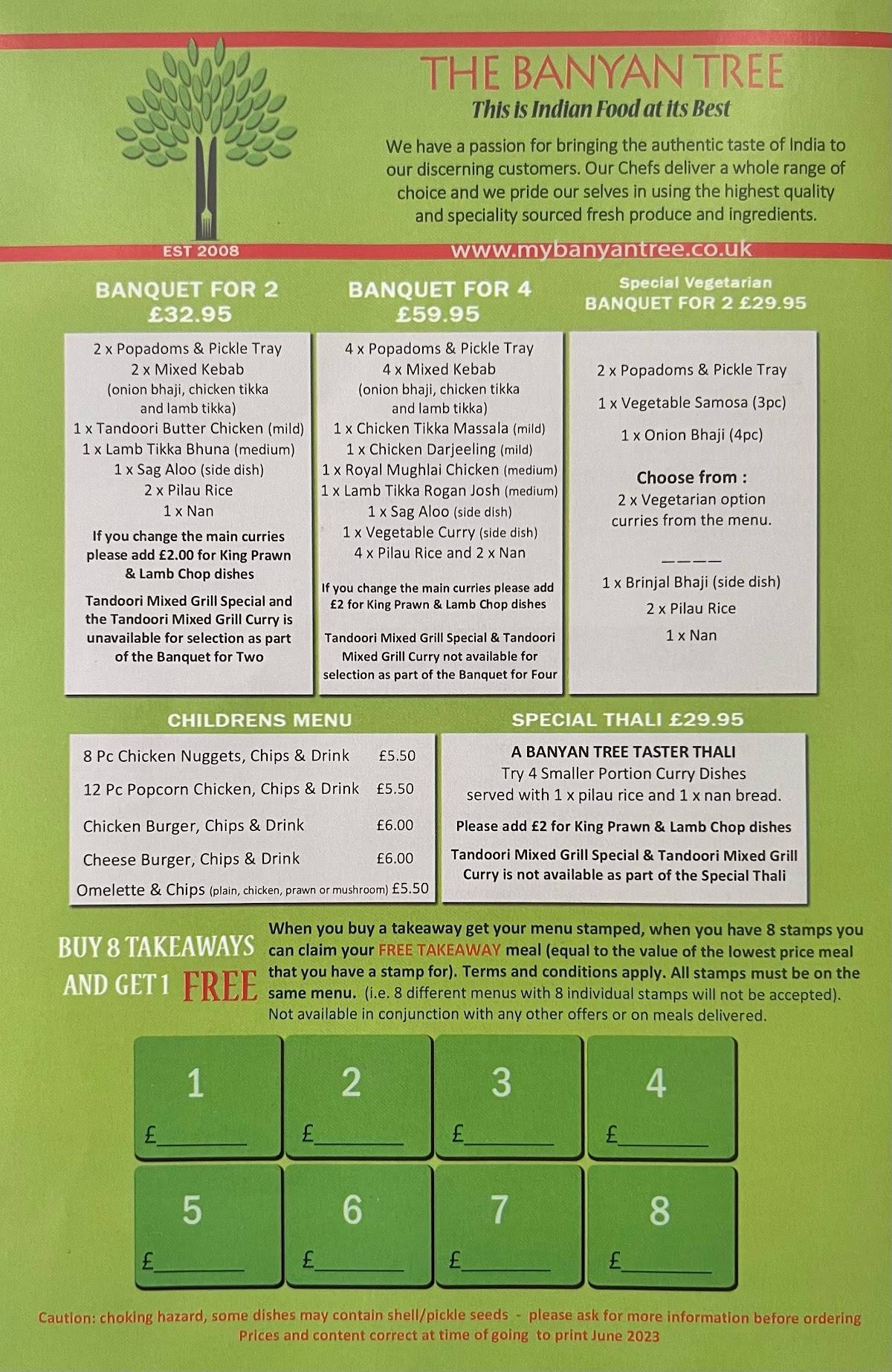 Menu at The Banyan Tree restaurant, Easingwold
