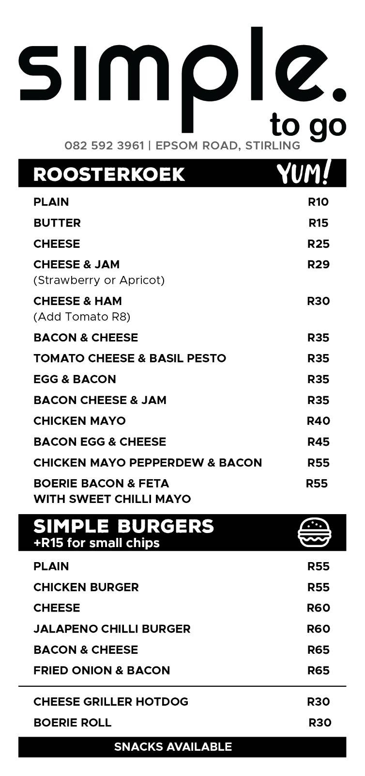 Menu at Simple restaurant, East London