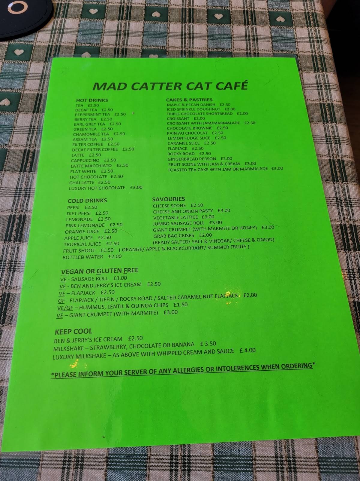 Menu at The Mad Catter Cat Cafe, Eastbourne