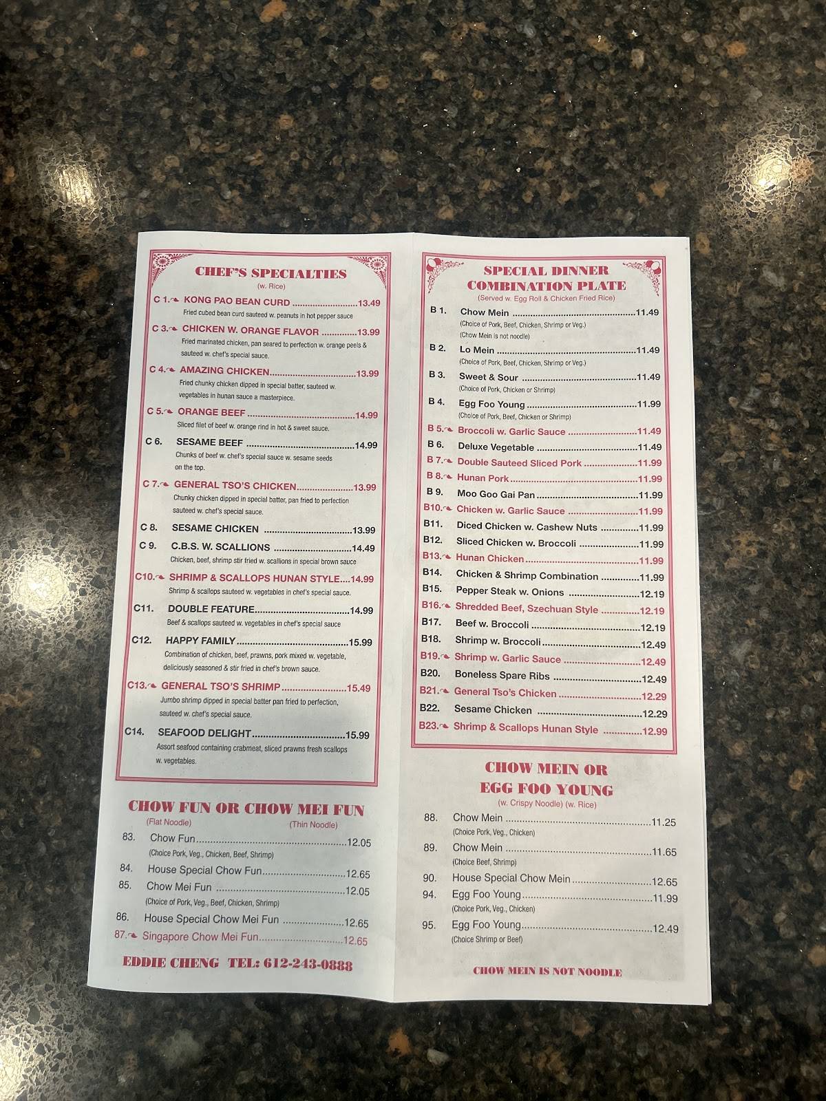 Menu at Eddie Cheng restaurant, Richfield, 720 W 78th St