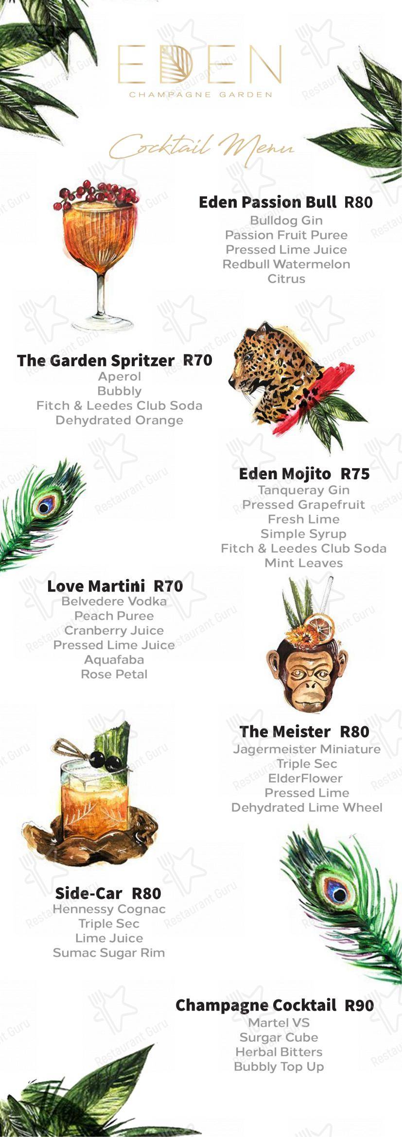 Menu at Eden Champagne Garden restaurant, Berea