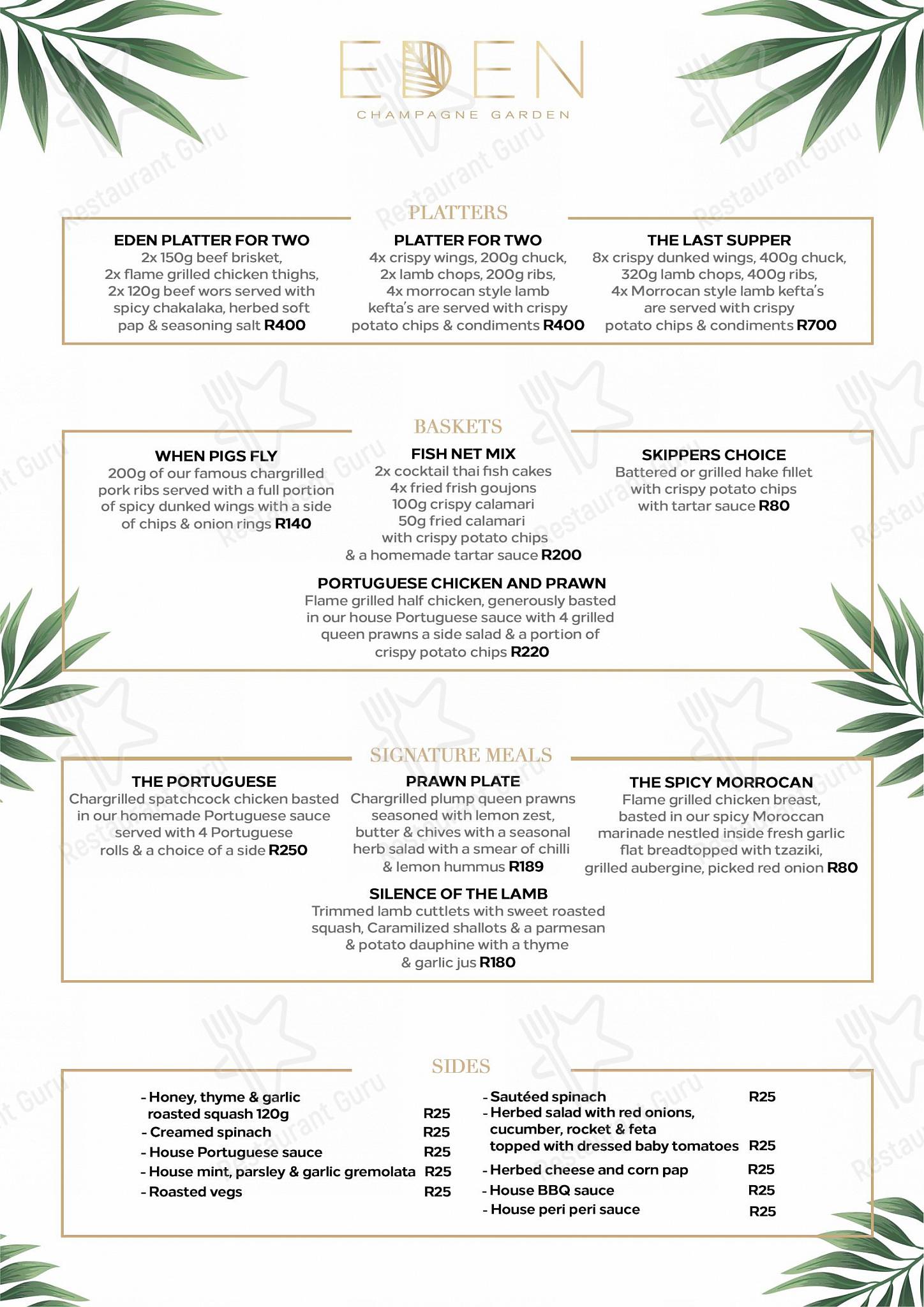 Menu at Eden Champagne Garden restaurant, Berea