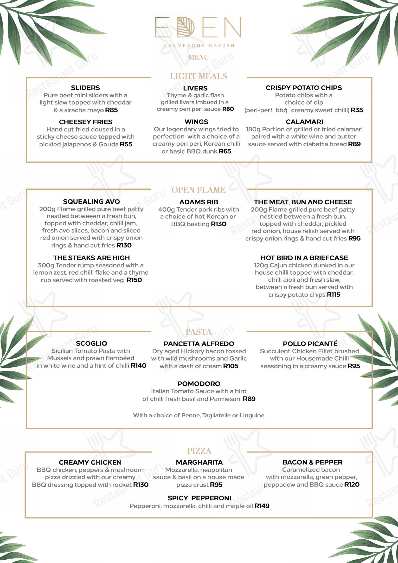 Menu at Eden Champagne Garden restaurant, Berea