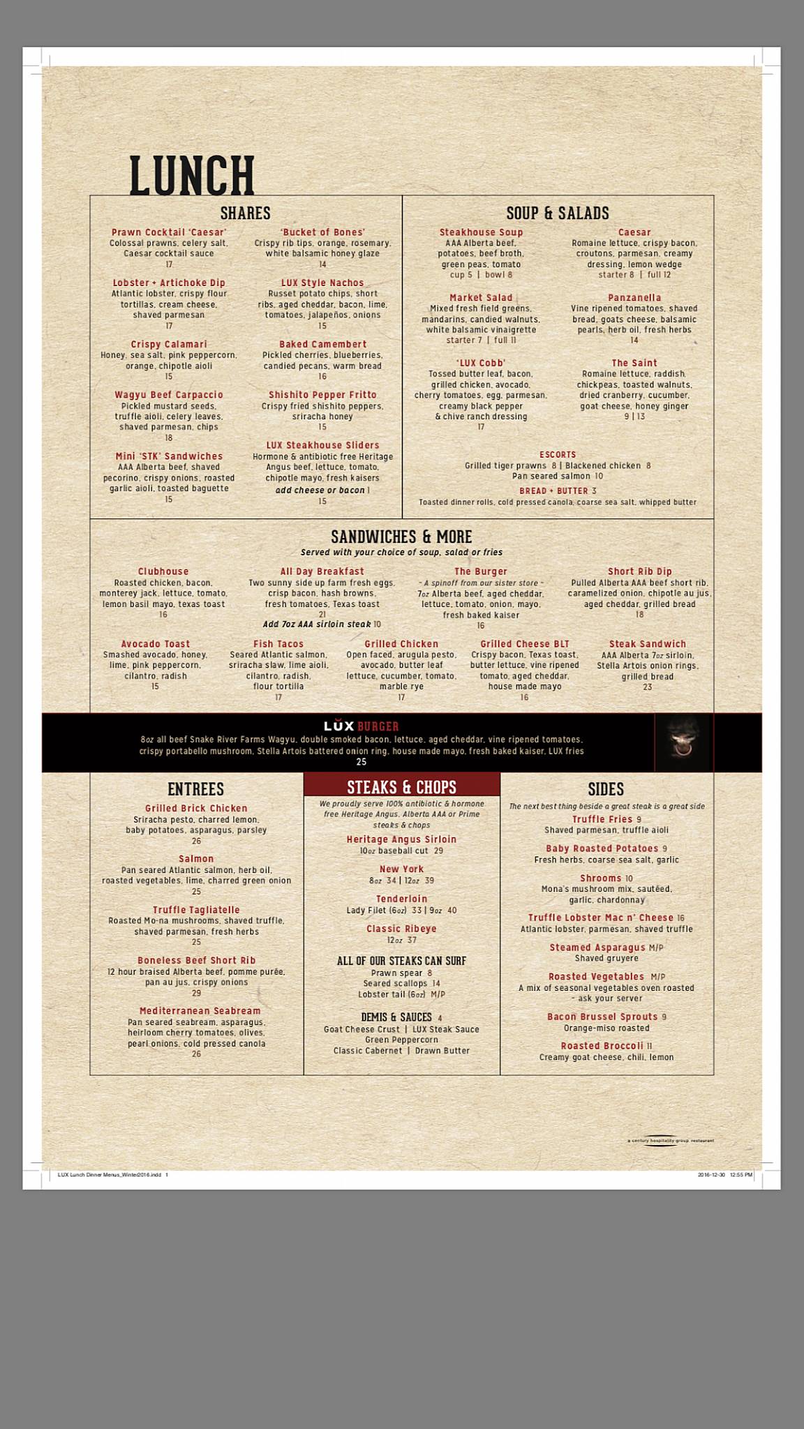 Menu at LUX Steakhouse + BAR94, Edmonton