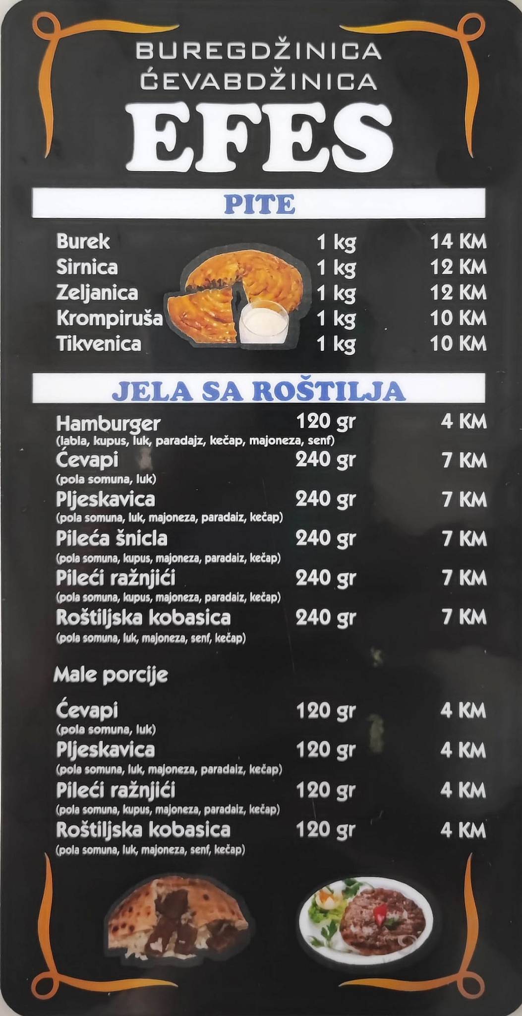 Menu at Efes restaurant, Sarajevo