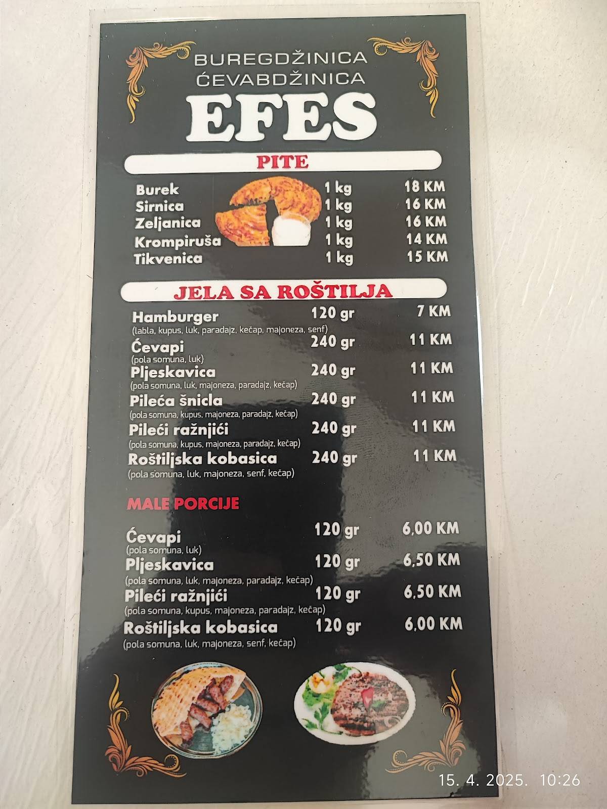 Menu at Efes restaurant, Sarajevo