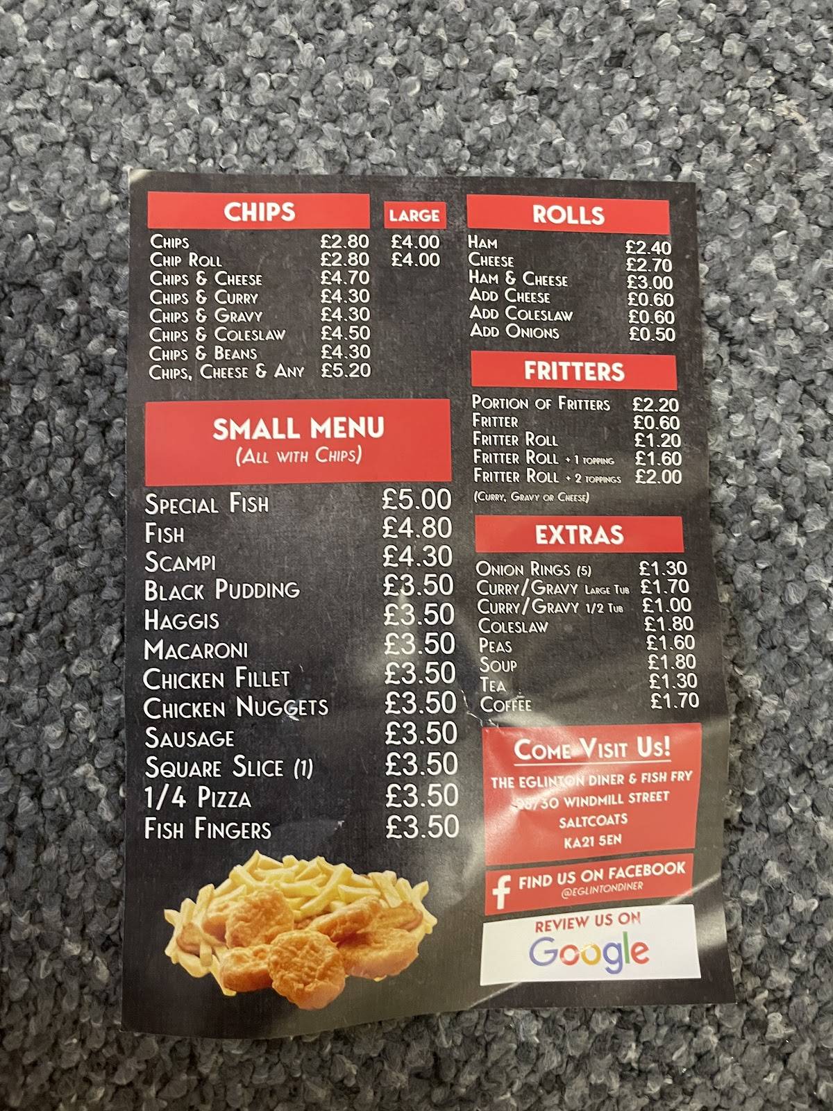 Menu at Eglinton Diner Fish Fry cafe, Saltcoats