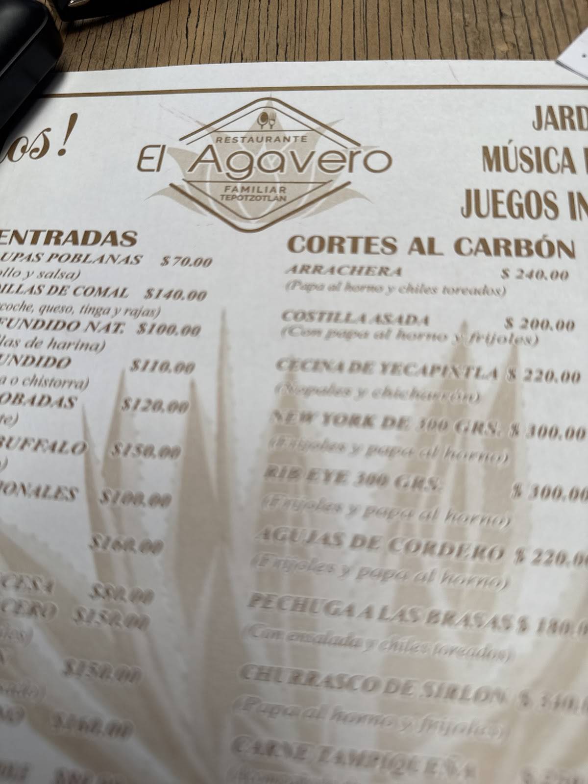 Carta del restaurante El Agavero, Tepotzotlán, Pl. Virreinal 6