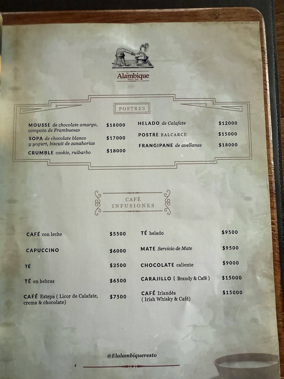 Carta del restaurante El Alambique Resto, El Calafate