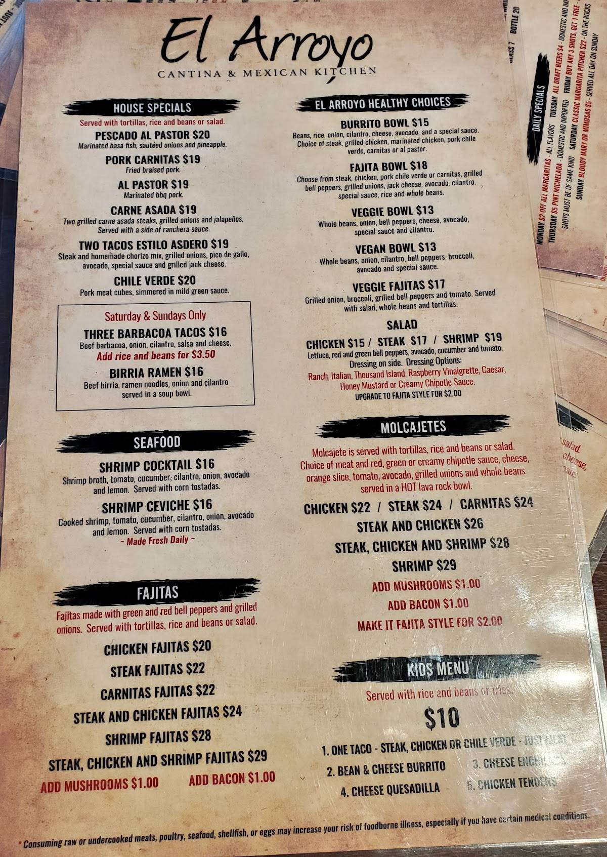 Menu at El Arroyo Cantina & Méxican Kitchen pub & bar, Sonora