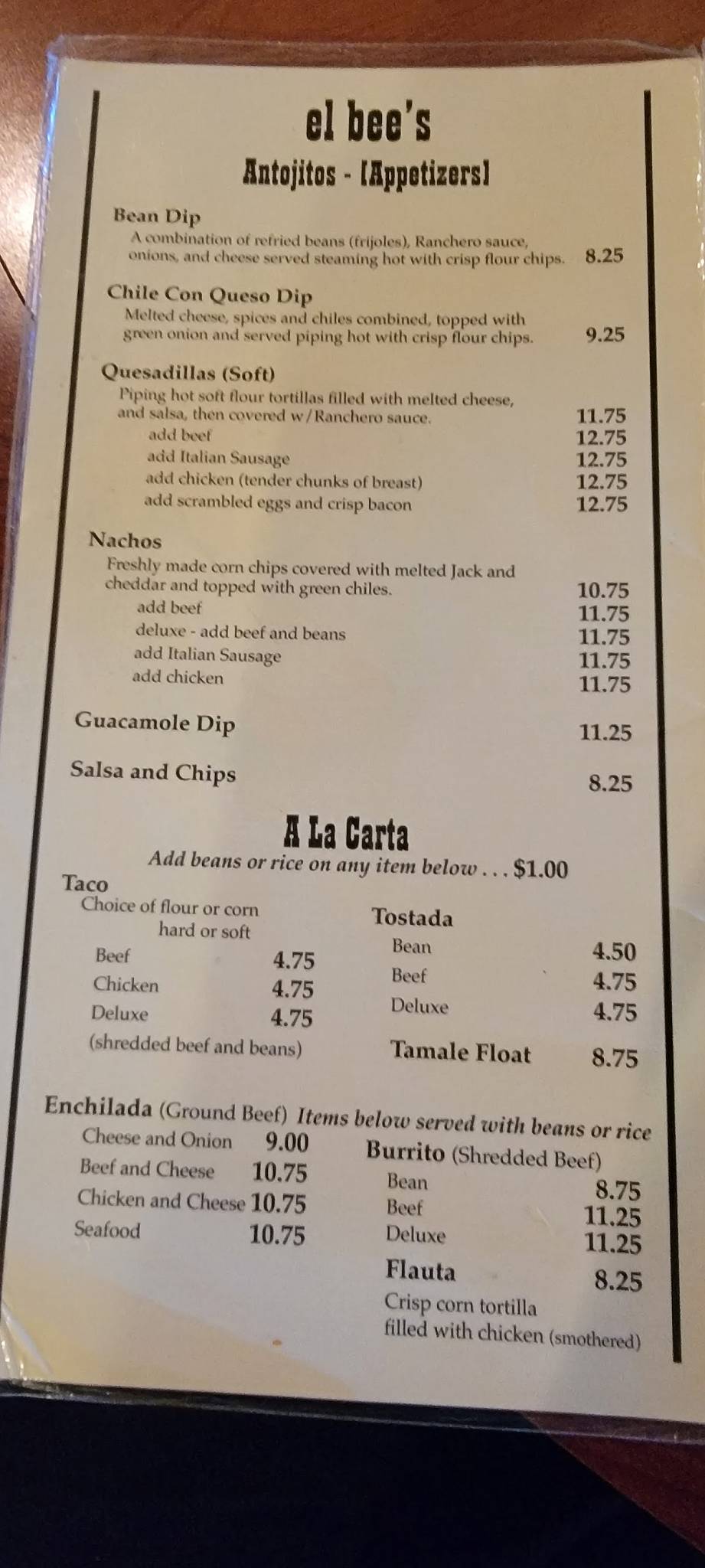 Menu at El Bee's restaurant, Waterloo, N 240th St