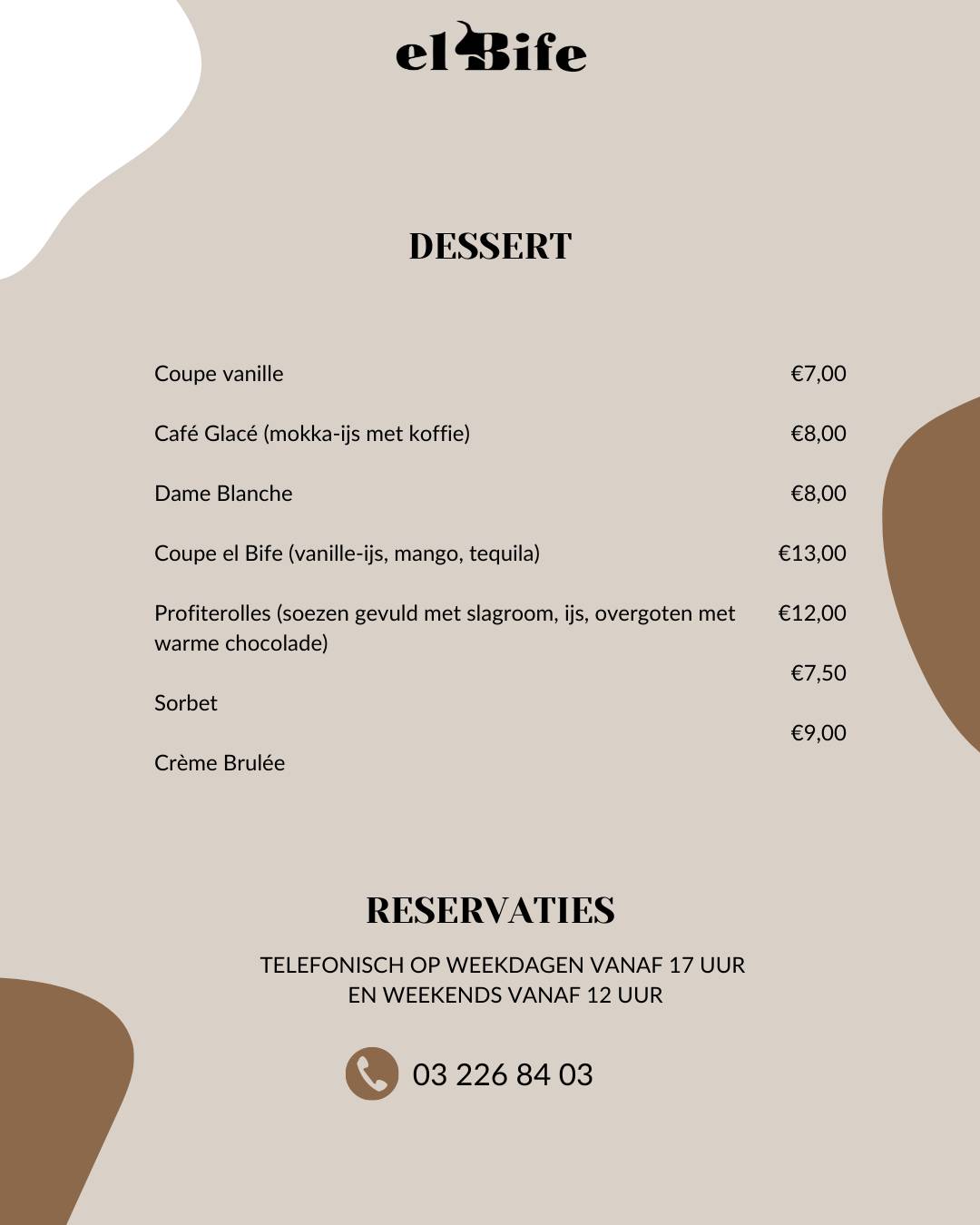 Menu at El Bife, Antwerp