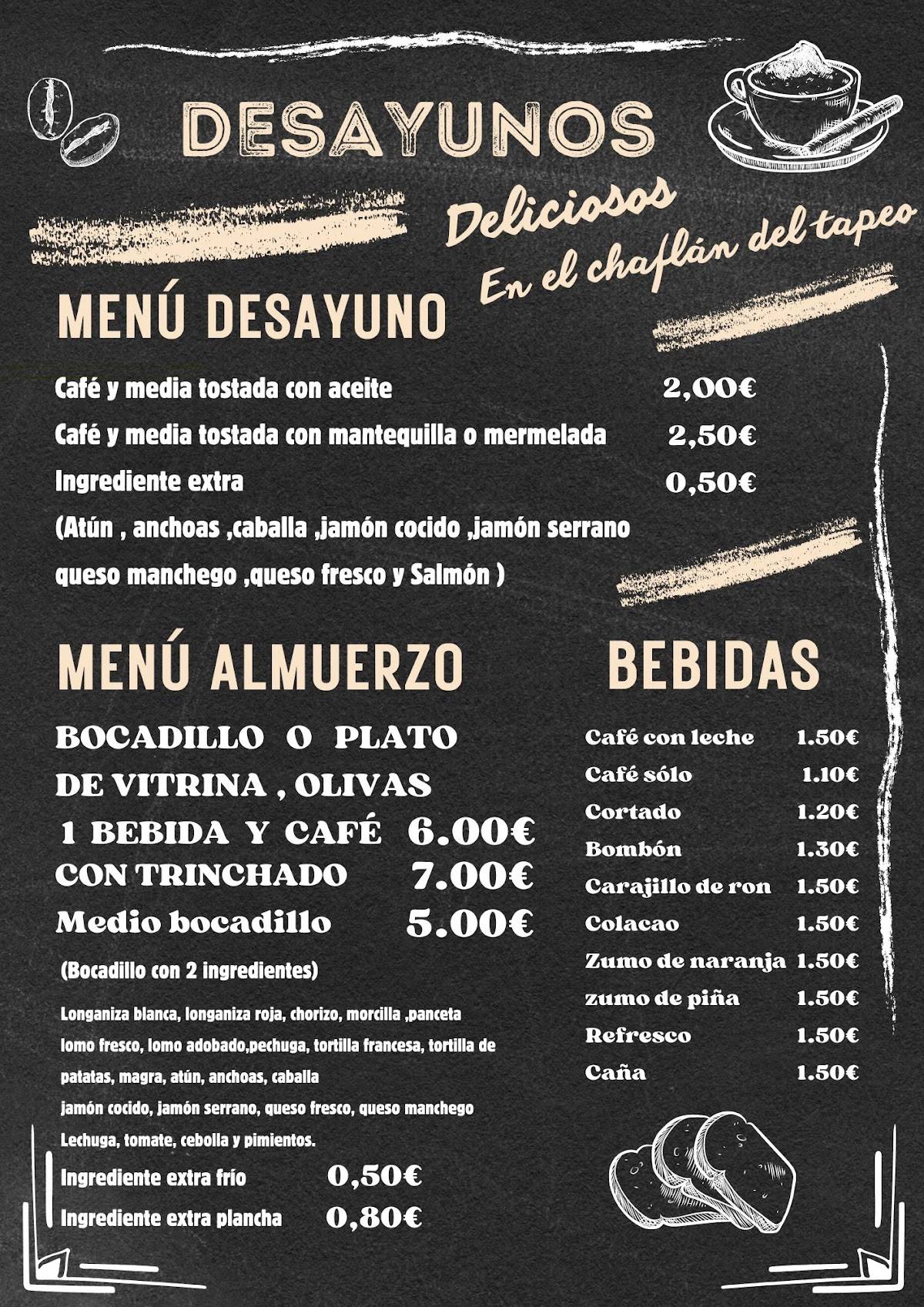 Menu at El Chaflán del tapeo restaurant, Aspe
