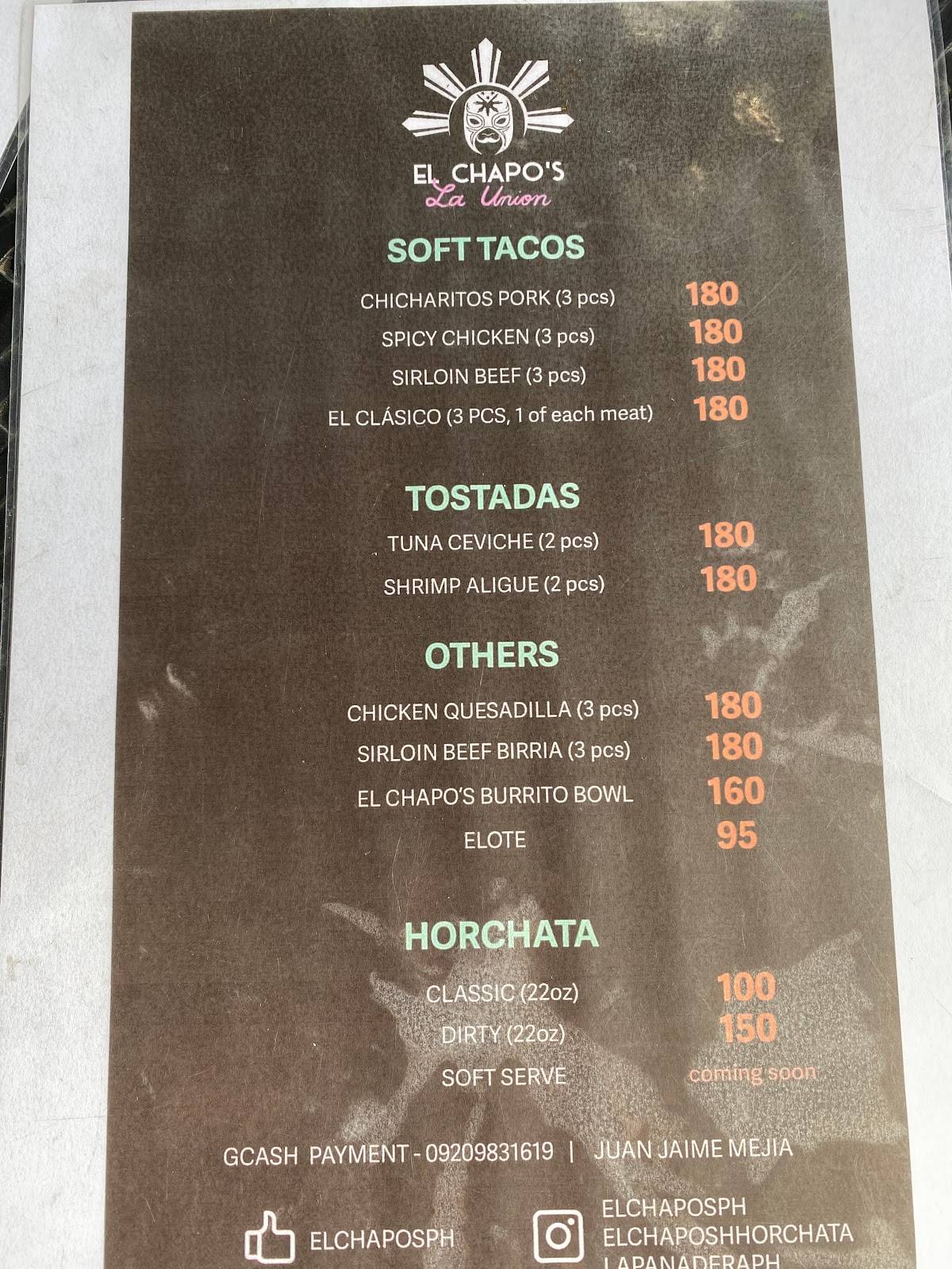 Menu at El Chapo's La Union restaurant, San Juan
