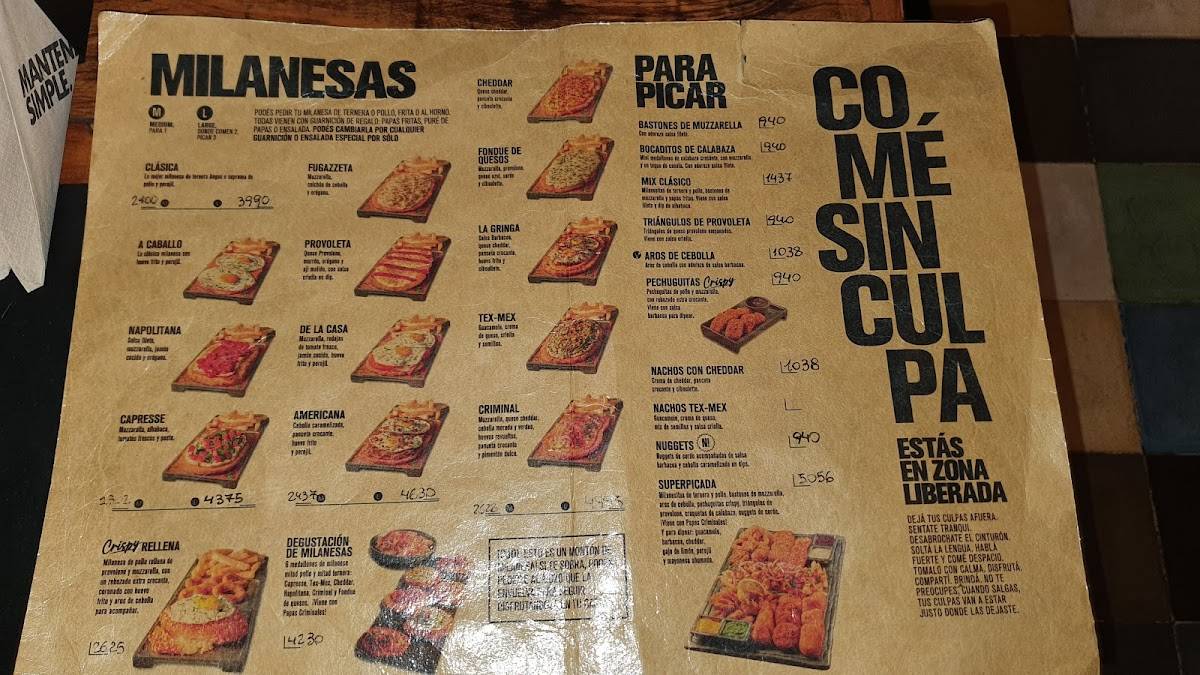 Carta de El Club de la Milanesa, Mendoza