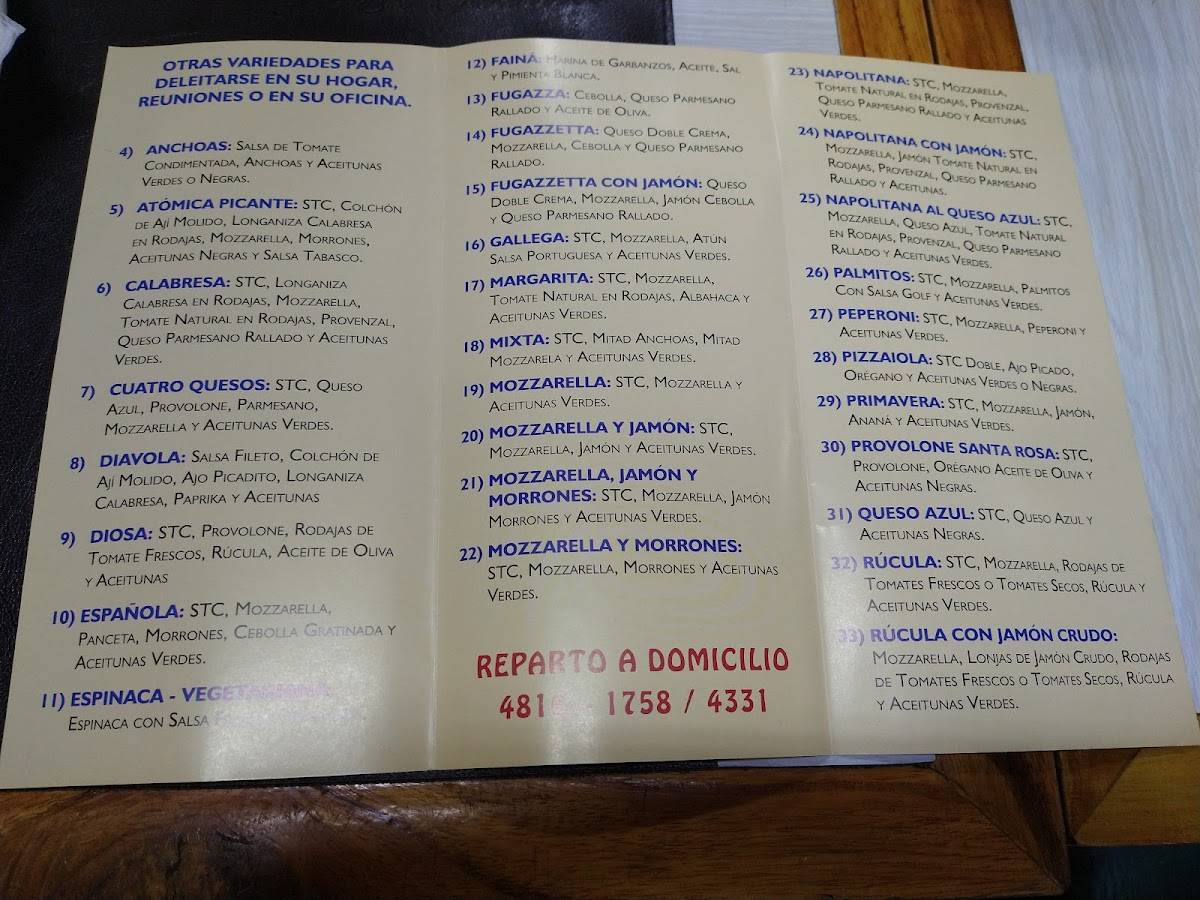 Carta de pizzería El Cuartito, Buenos Aires, Talcahuano 937