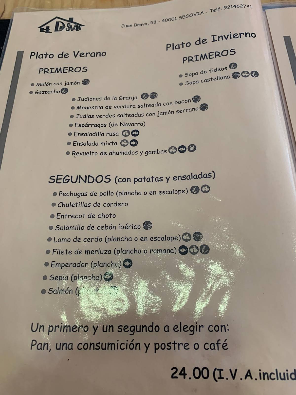 Carta del restaurante El Desván, Segovia