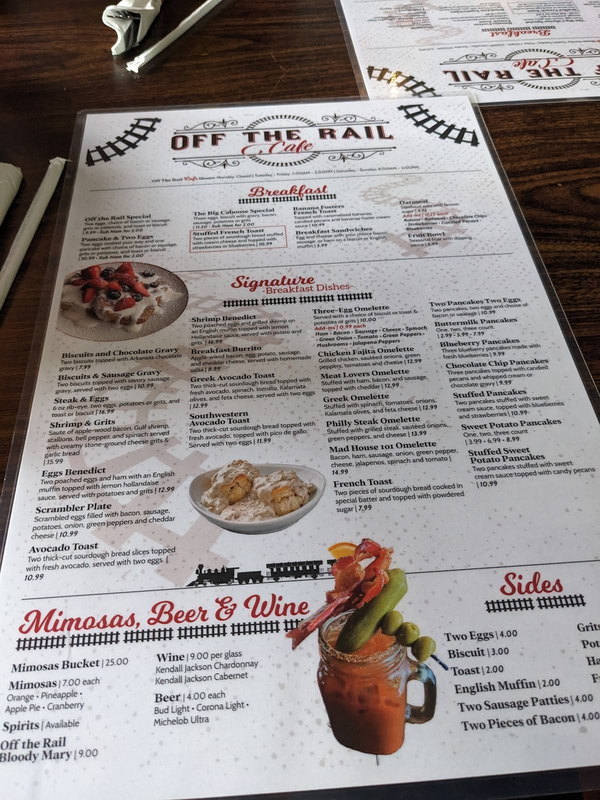 Menu at Off the Rail Cafe, El Dorado