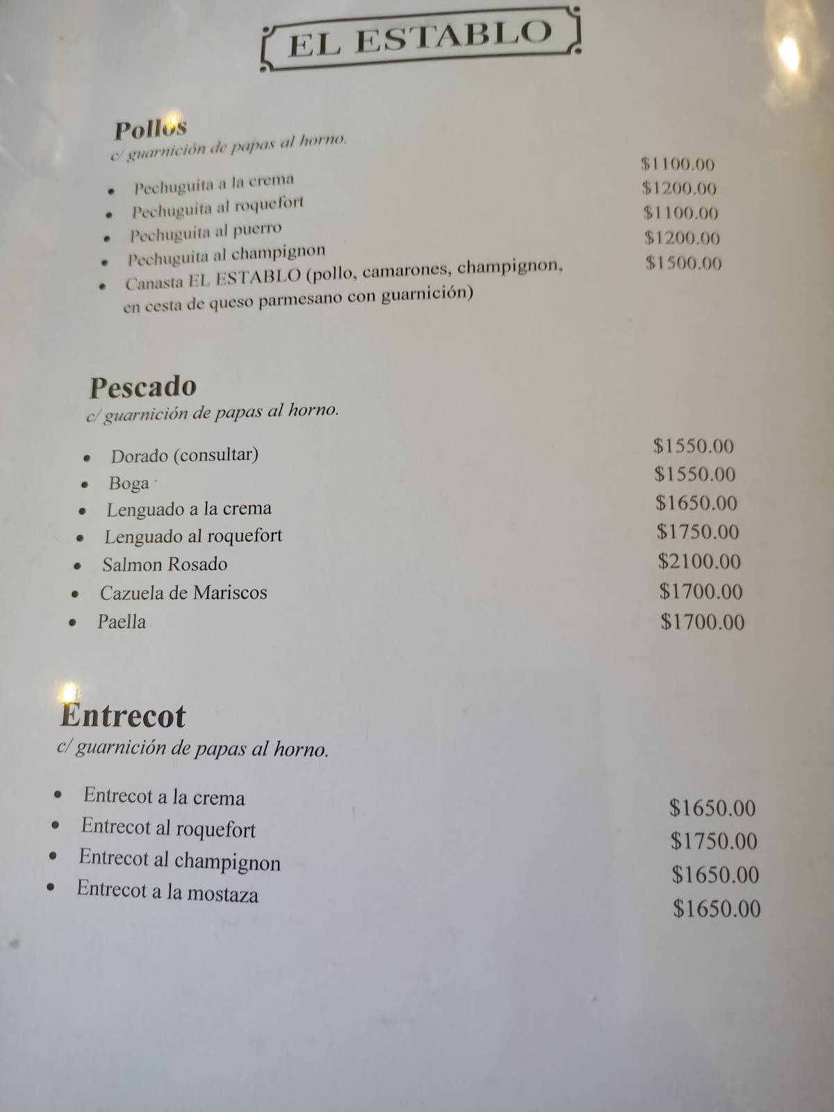 Carta de parrilla El Establo, Rosario, Av. Pellegrini 1775