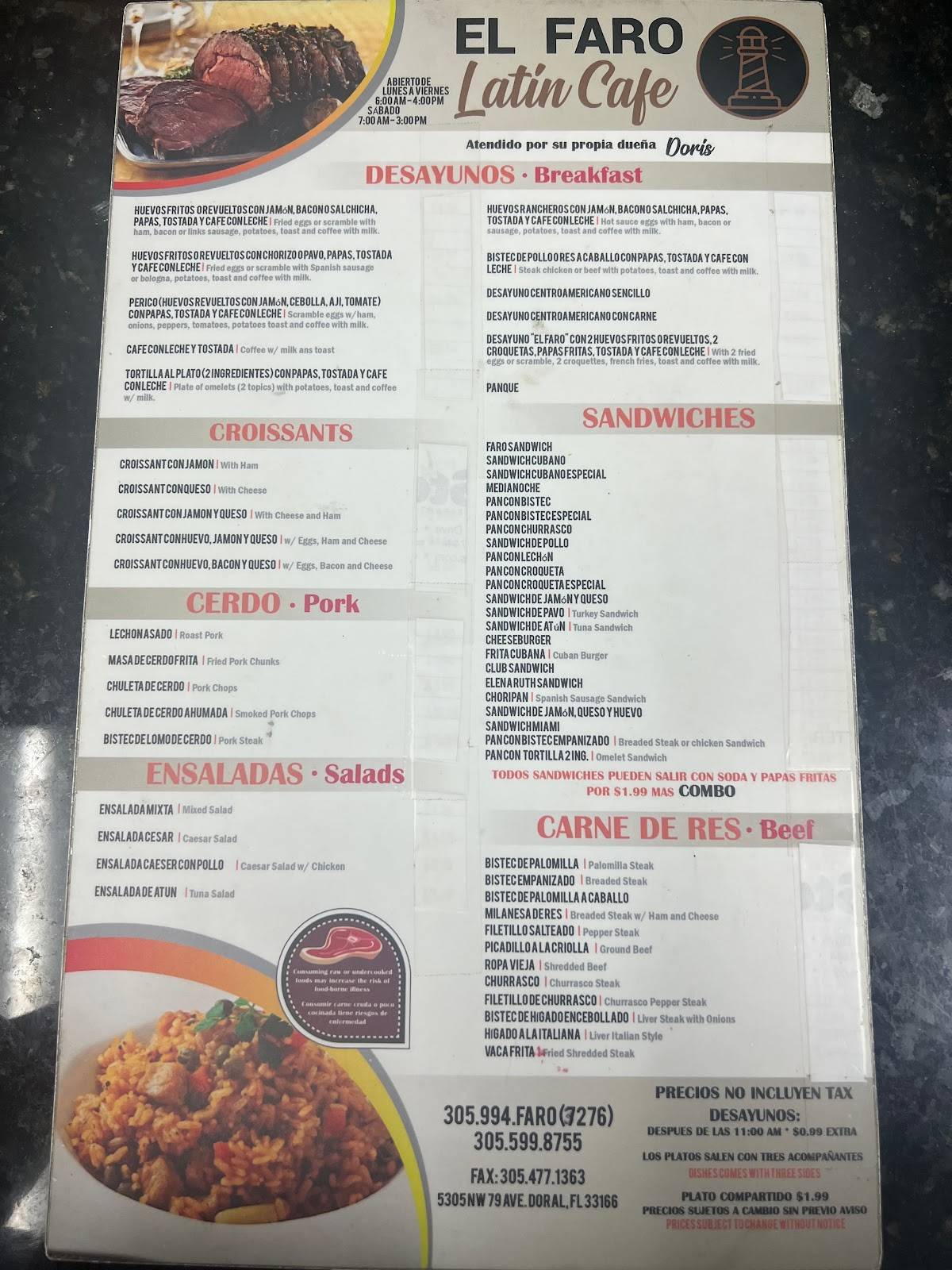 Menu at El Faro Latin Cafe, Doral