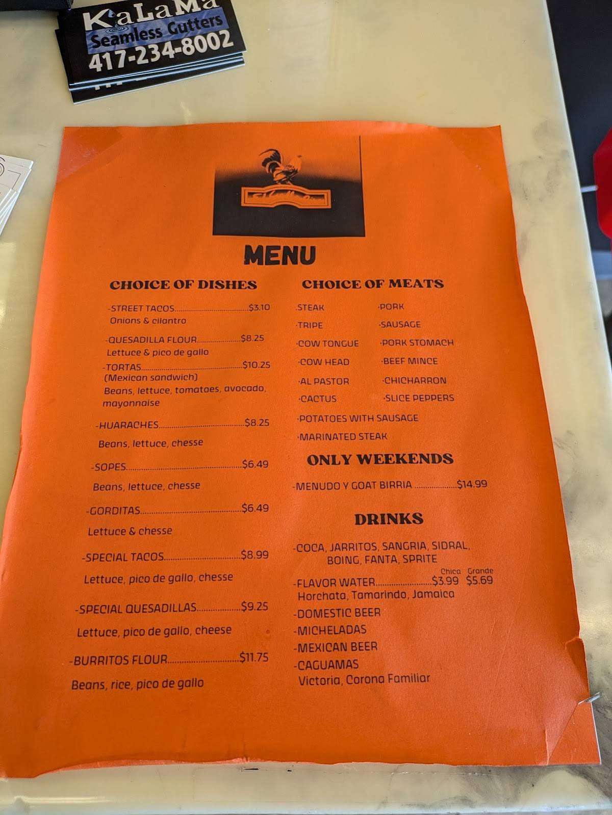 Menu at El Gallo Giro restaurant, Springfield