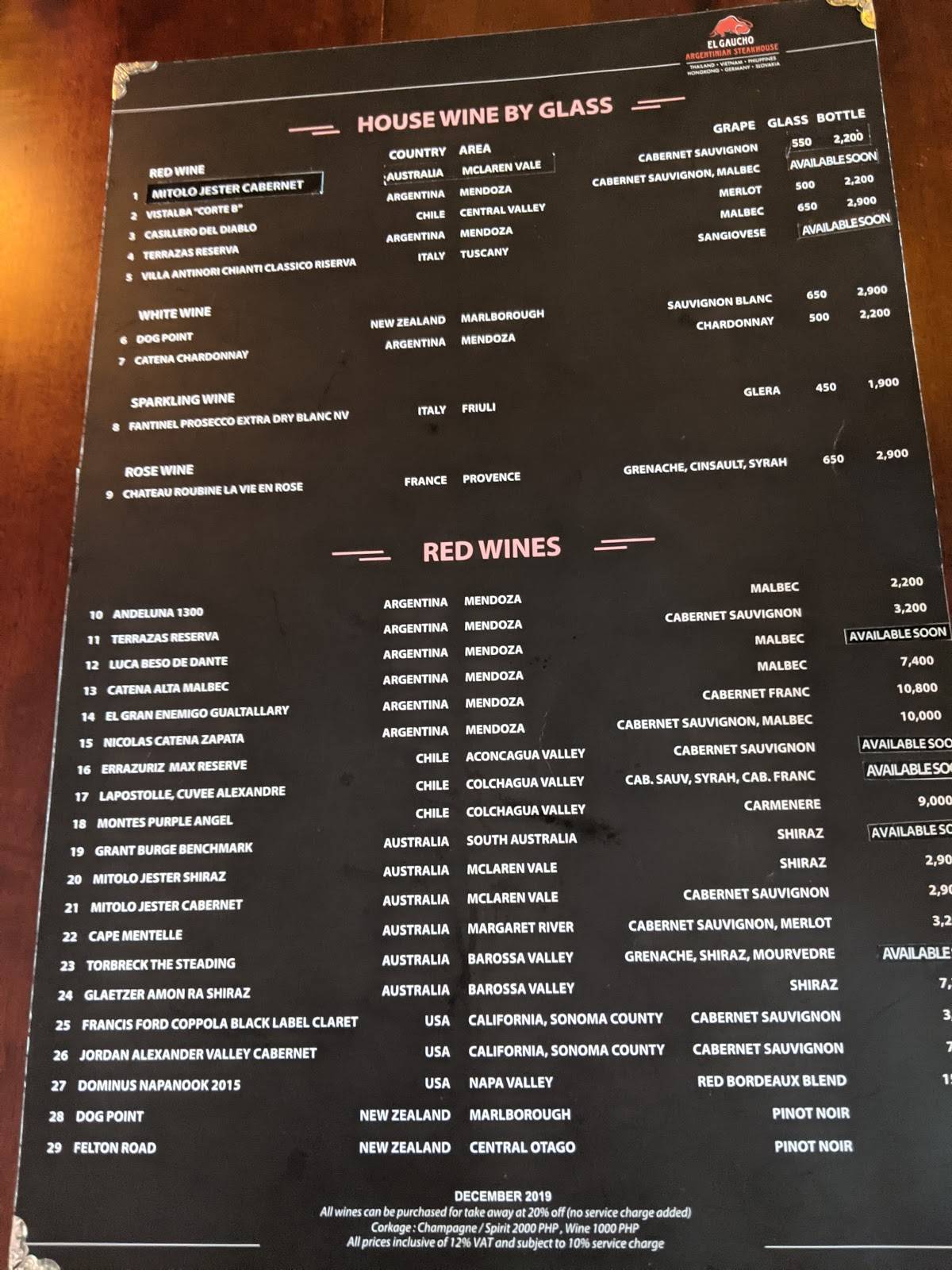 Menu at El Gaucho BGC steakhouse, Taguig