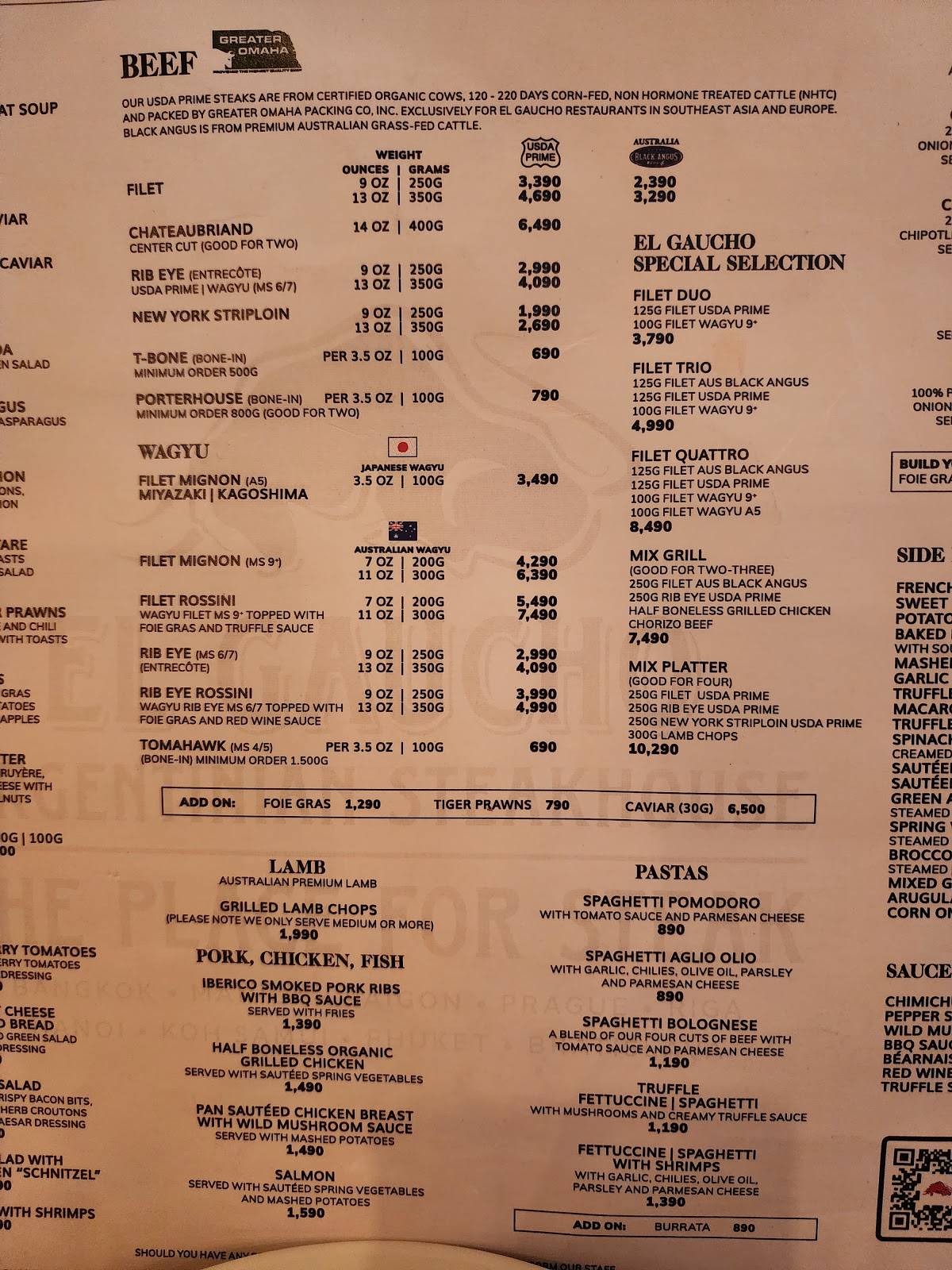 Menu at El Gaucho BGC steakhouse, Taguig