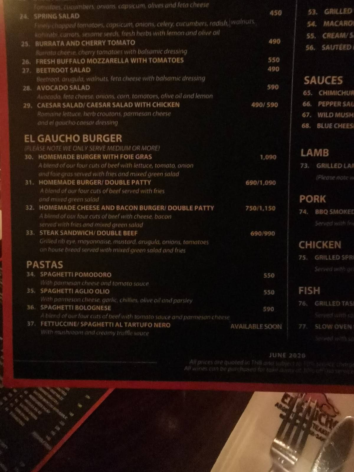 Menu at El Gaucho Sukhumvit Soi 19 restaurant, Bangkok, 8
