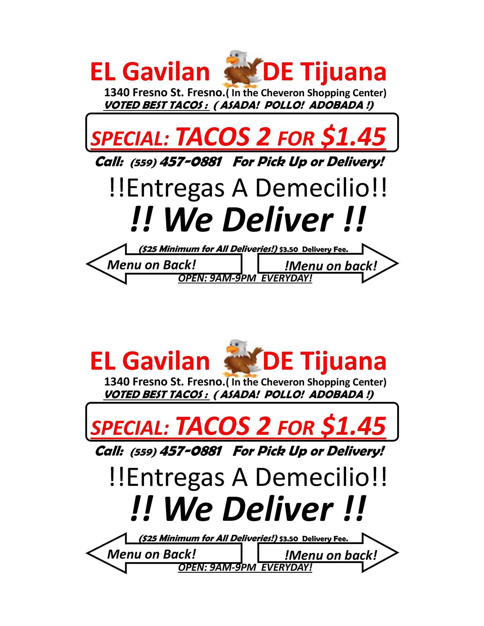Carta del restaurante El Gavilan Tacos, Fresno
