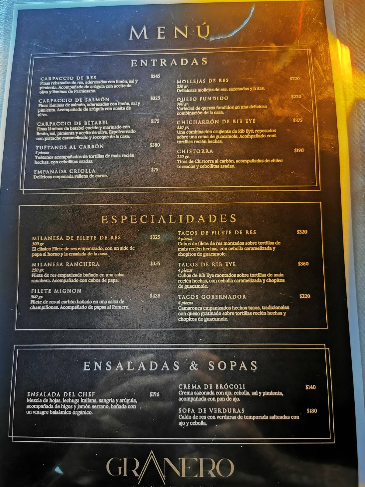 Carta de parrilla El Granero, Tampico
