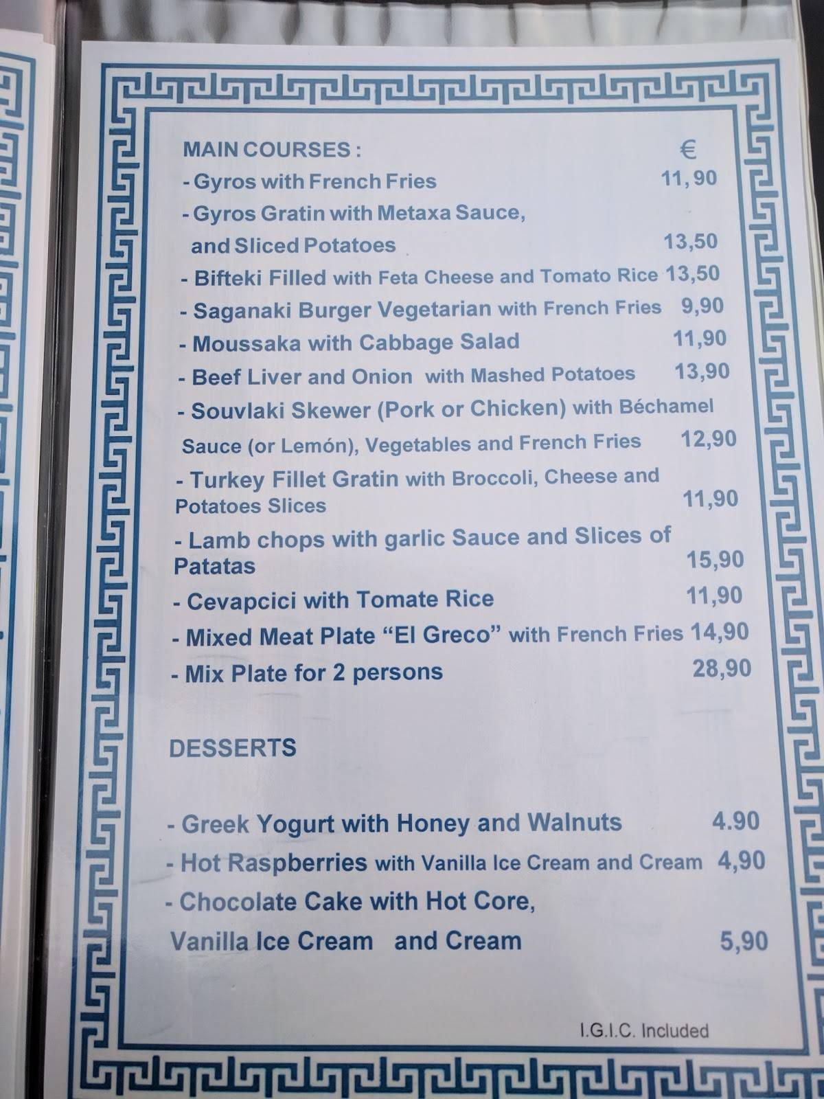 Menu at El Greco restaurant, Puerto de la Cruz