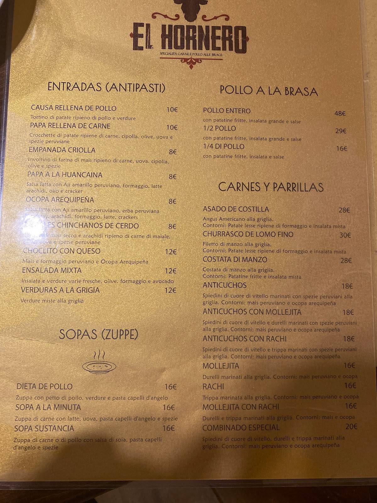 Carta de parrilla El Hornero, Milan, Piazza Monte Titano