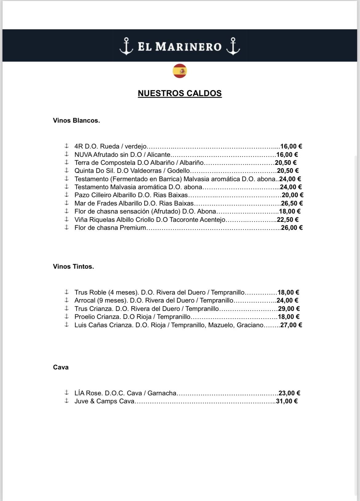 Carta del restaurante El Marinero, San Cristóbal del La Laguna