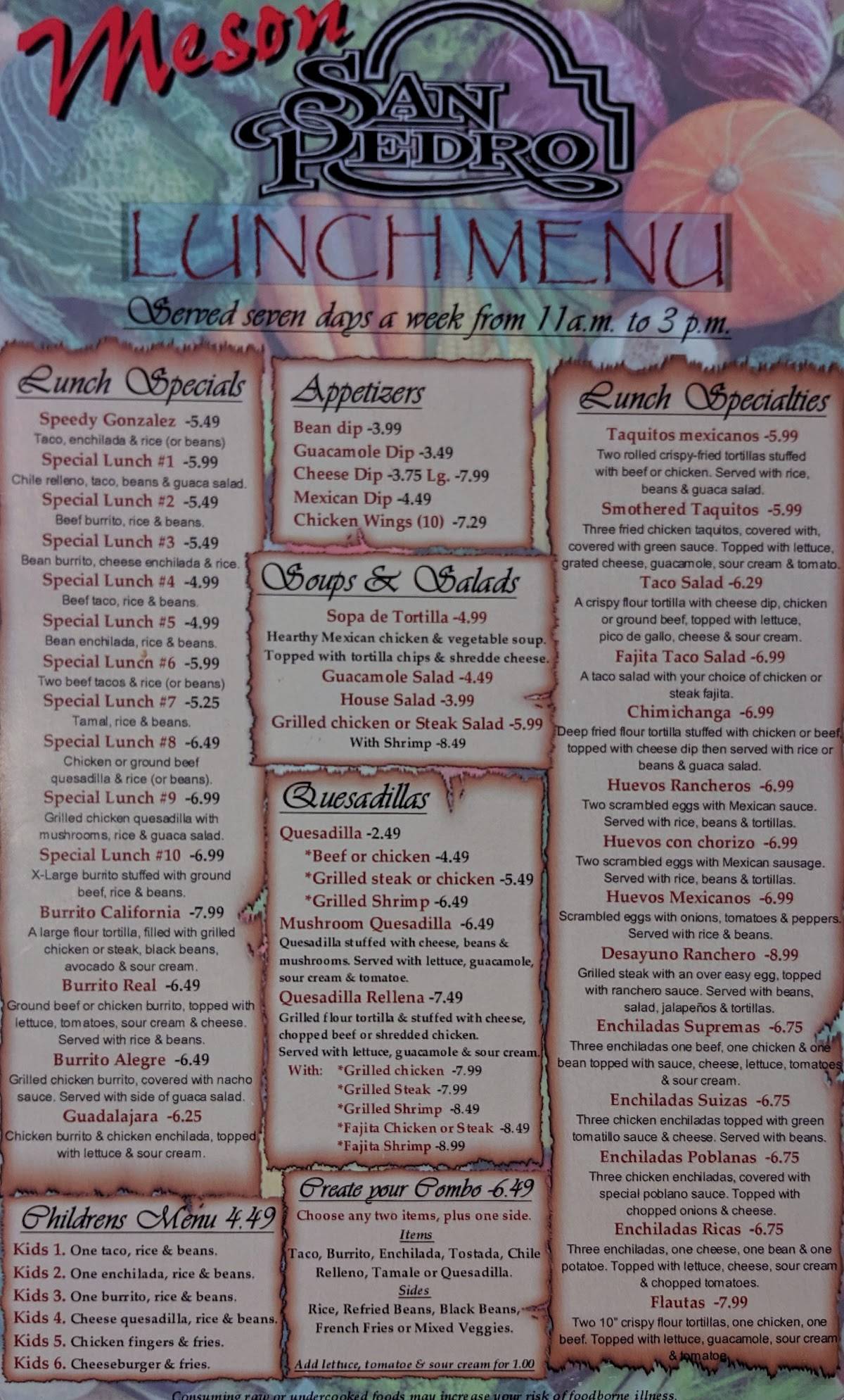 Menu at El Meson San Pedro Mexican Restaurant, Sparta