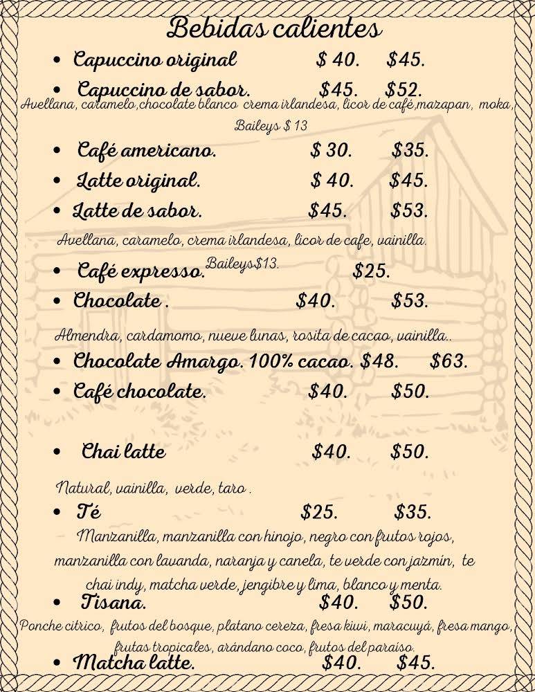 Menu at El Mesón cafeteria, La Manzanilla de La Paz