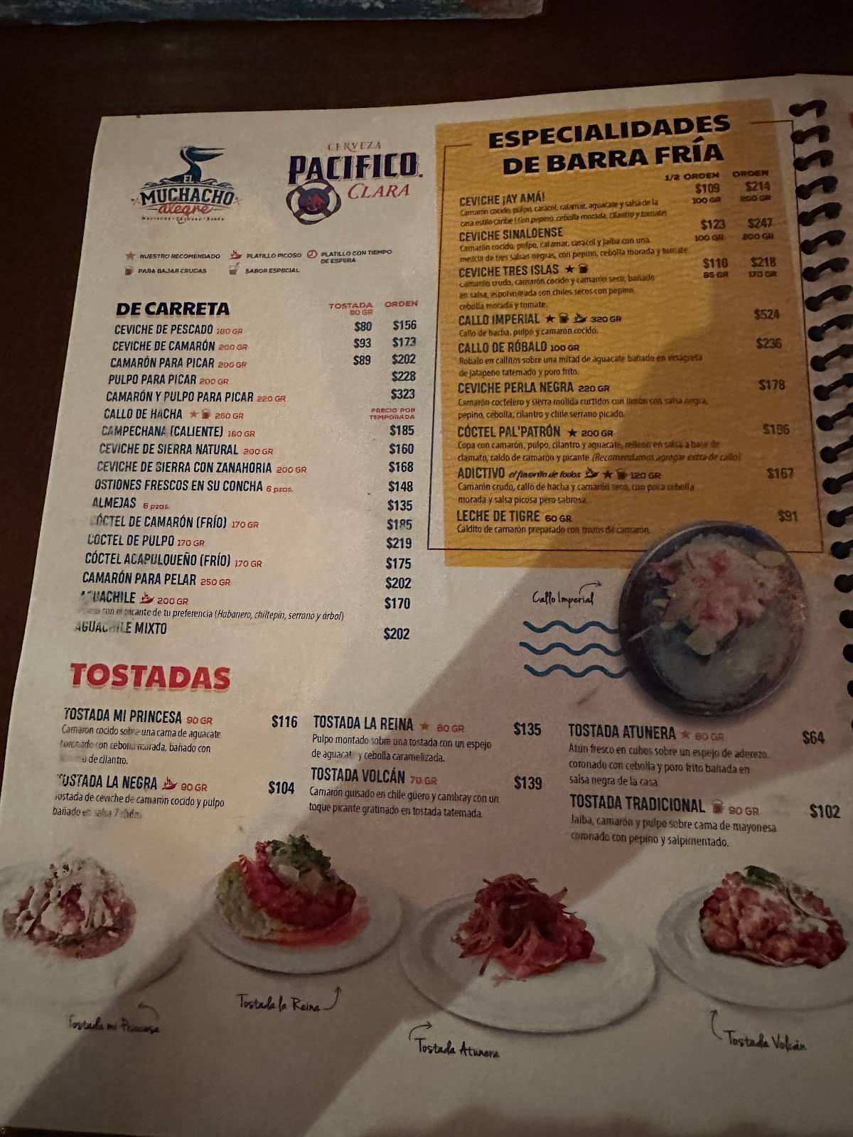 Carta del restaurante El Muchacho Alegre, Mazatlán, P.º Claussen 46-C