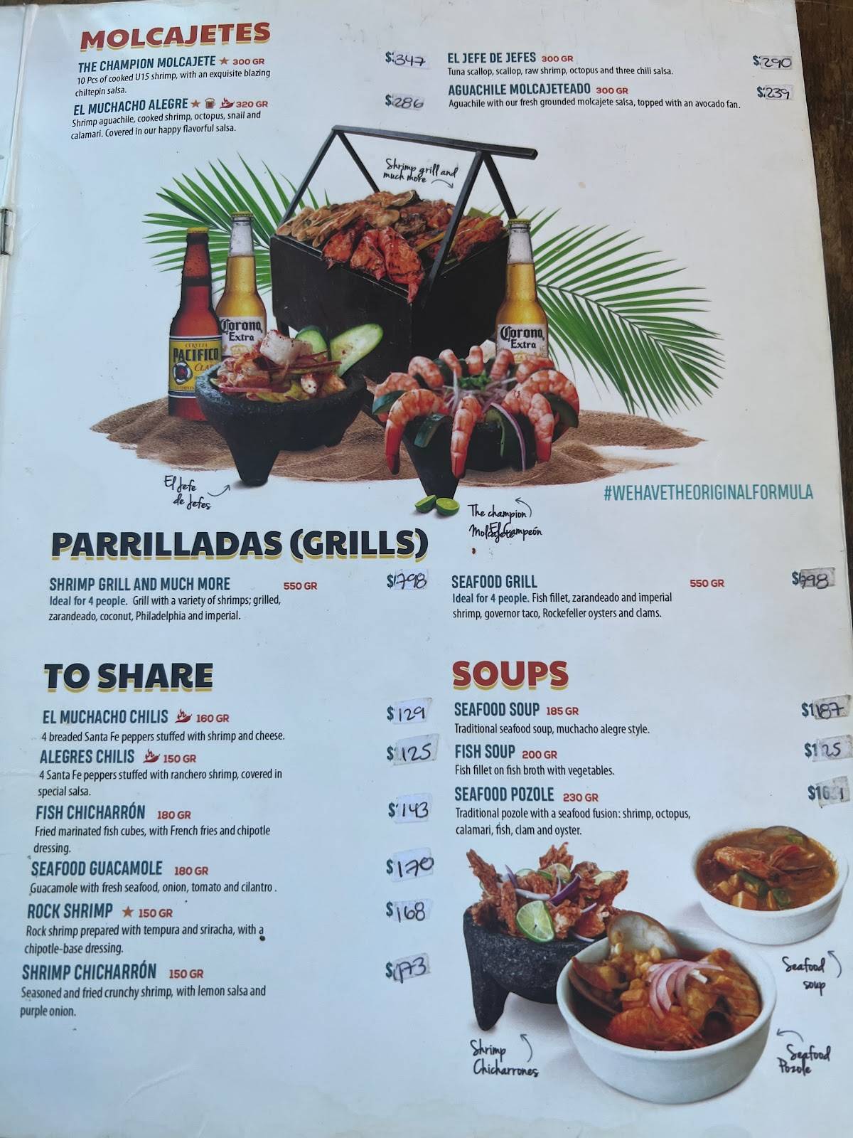 Carta del restaurante El Muchacho Alegre, Mazatlán, P.º Claussen 46-C