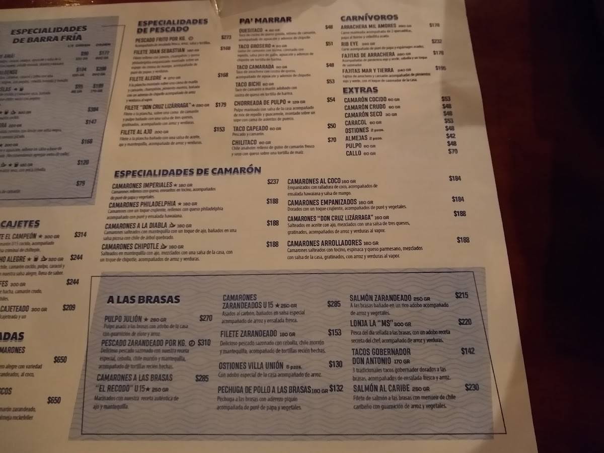 Carta del restaurante El Muchacho Alegre, Mazatlán, P.º Claussen 46-C