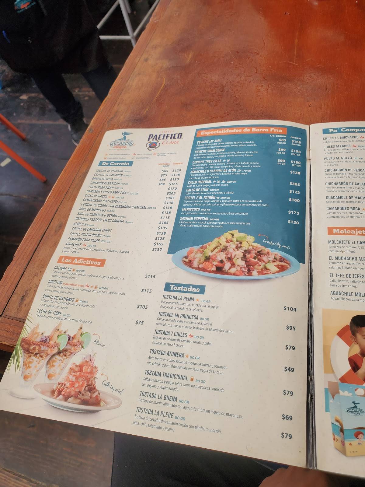 Carta del restaurante El Muchacho Alegre, Mazatlán, P.º Claussen 46-C