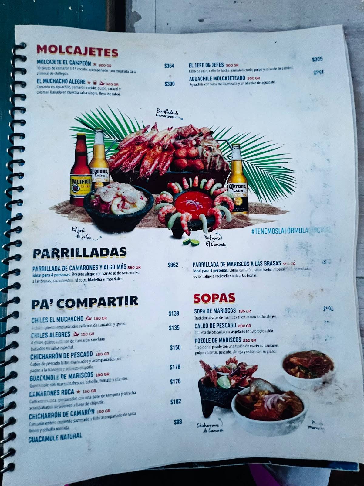 Carta del restaurante El Muchacho Alegre, Mazatlán, P.º Claussen 46-C