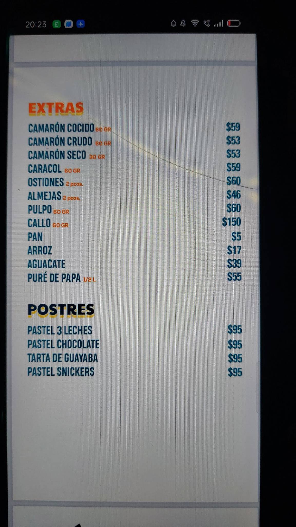 Carta del restaurante El Muchacho Alegre, Mazatlán, P.º Claussen 46-C