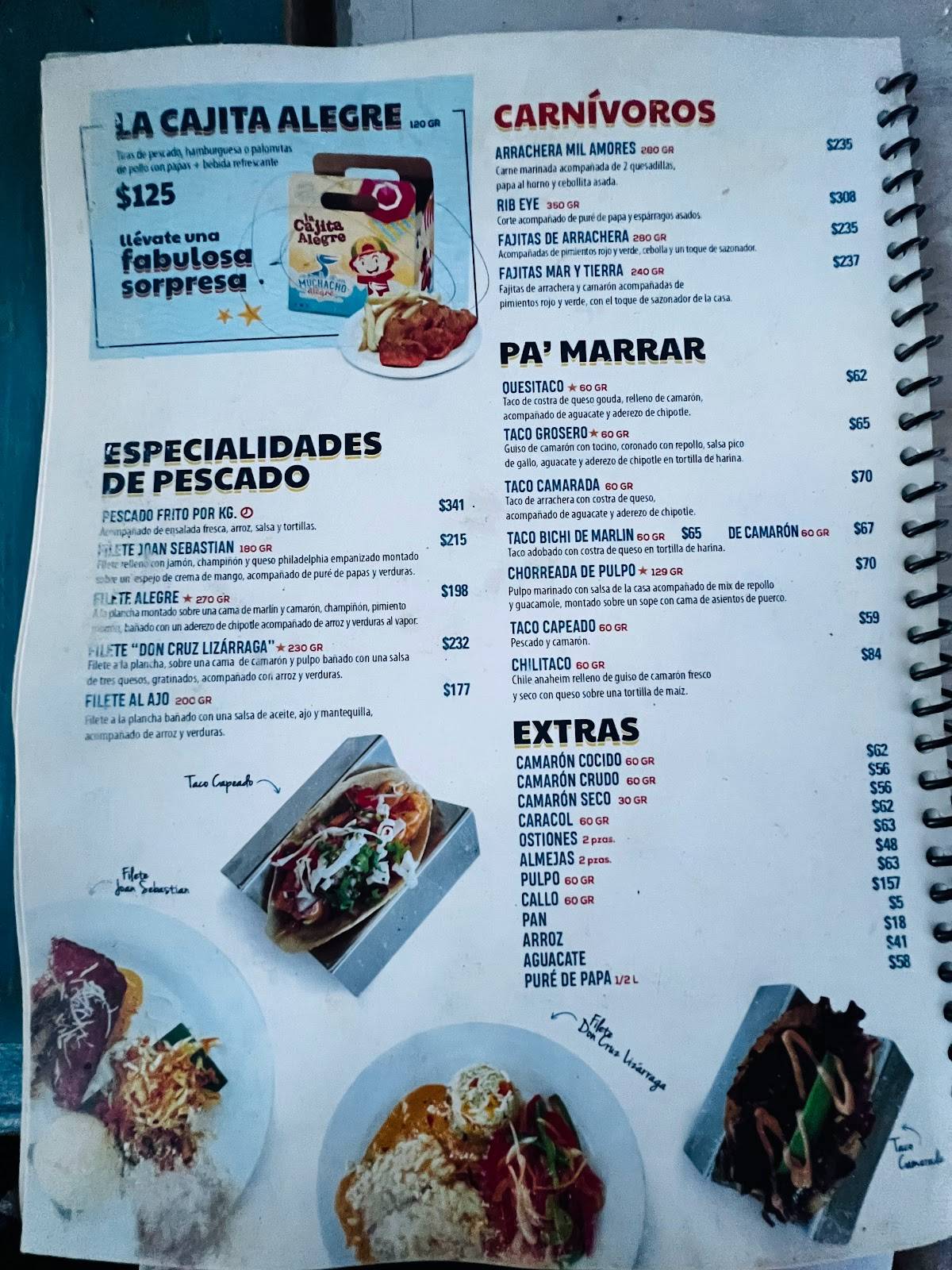 Carta del restaurante El Muchacho Alegre, Mazatlán, P.º Claussen 46-C