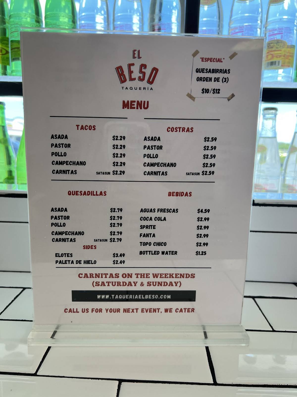 Menu at El Beso Taqueria restaurant, El Paso