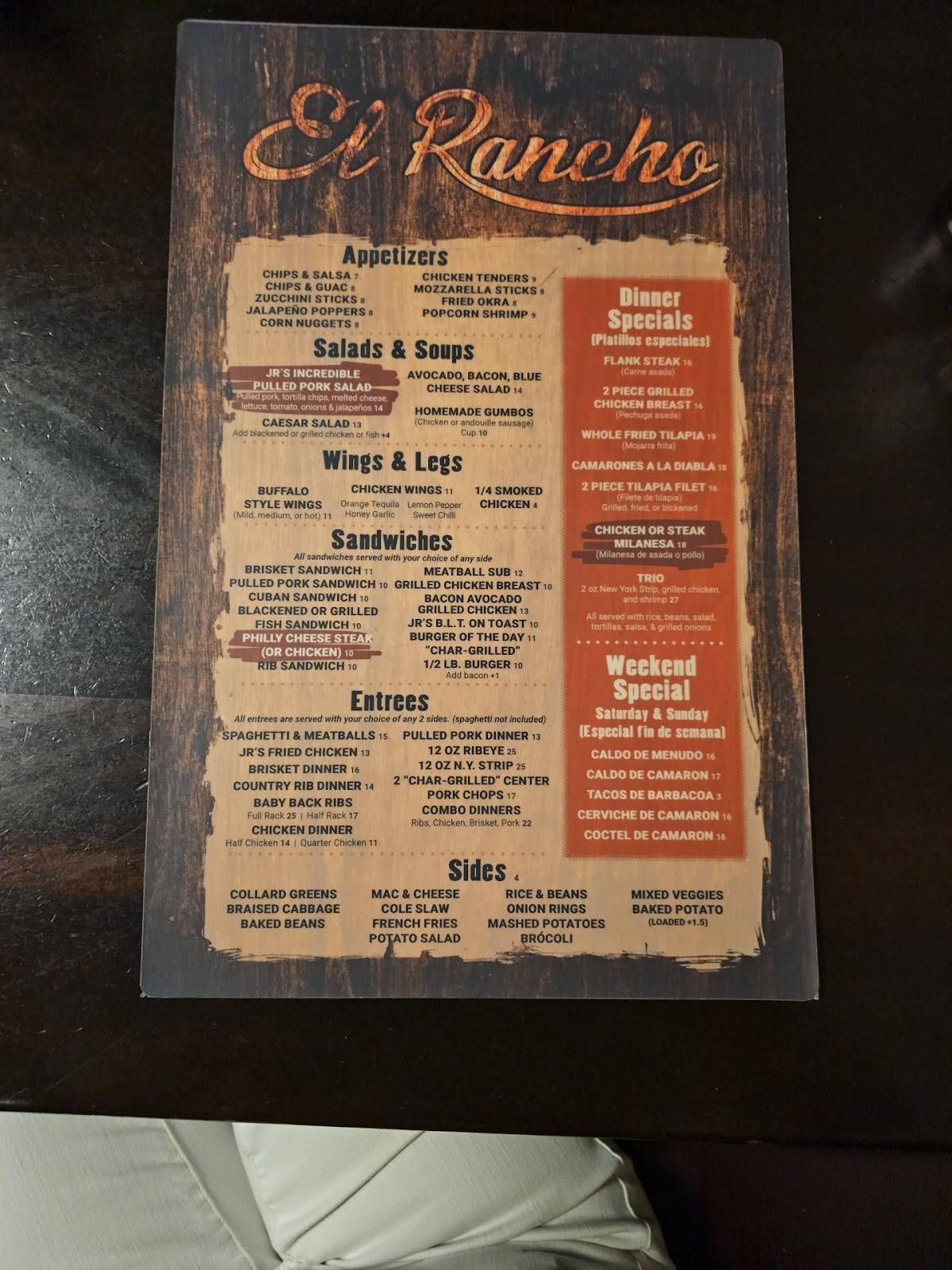 Menu at El Rancho Restaurant, Indiantown