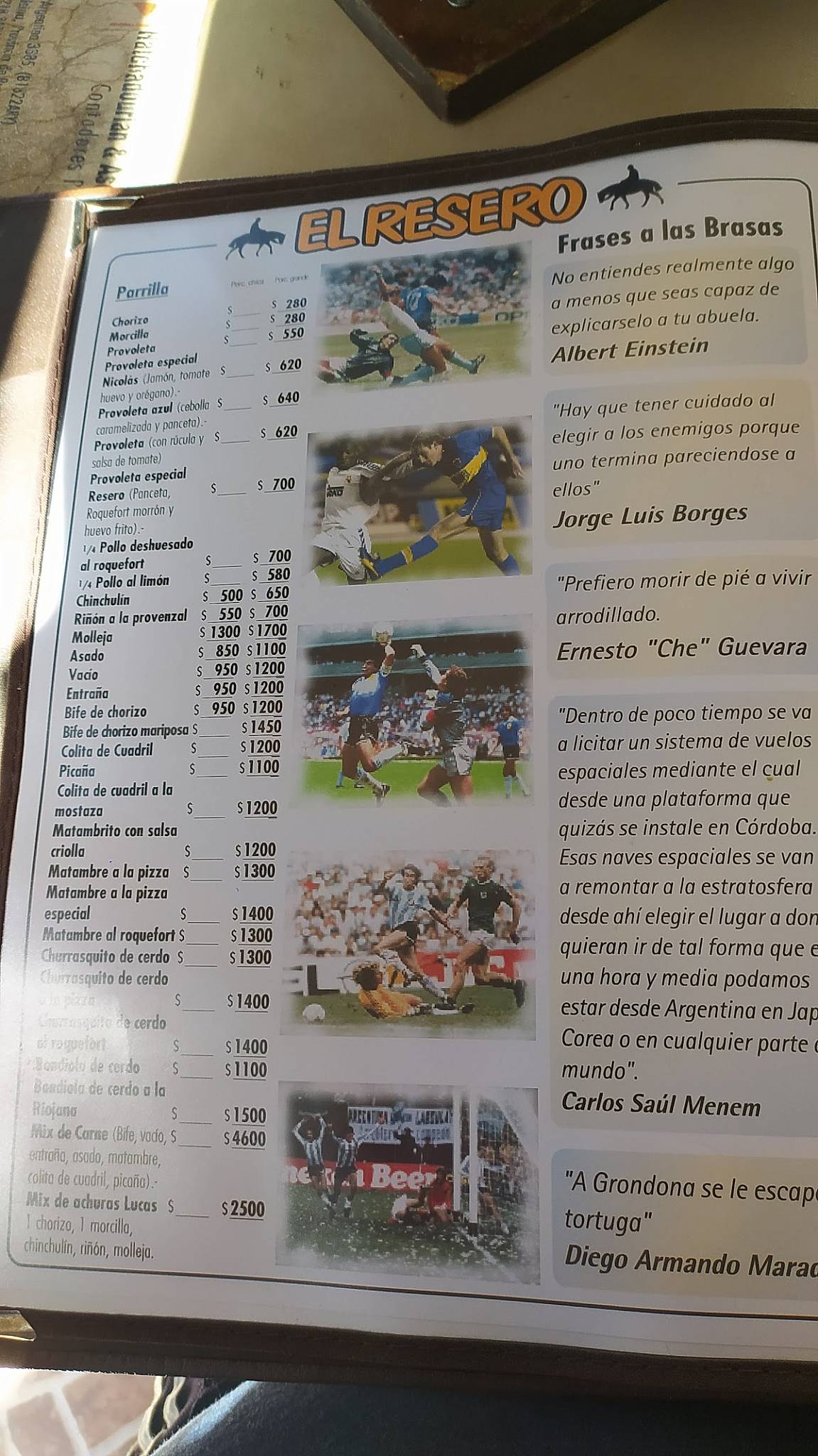 Carta de Restaurante El Resero, Buenos Aires