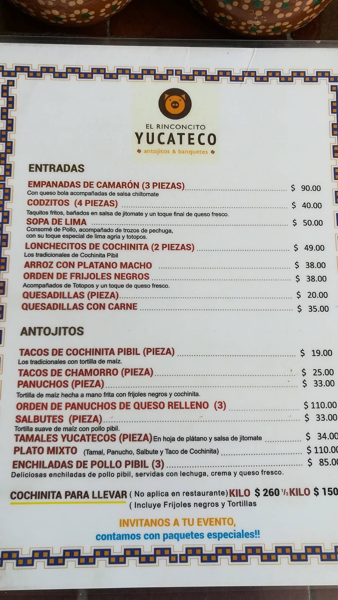 Carta del restaurante El Rinconcito Yucateco, Zapopan, Al Arroyo 127-A