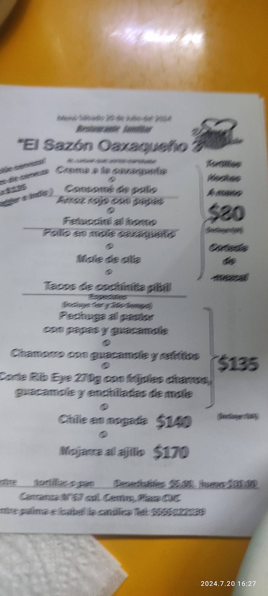 Carta del restaurante El Sazón Oaxaqueño, Ciudad del México, C. del ...